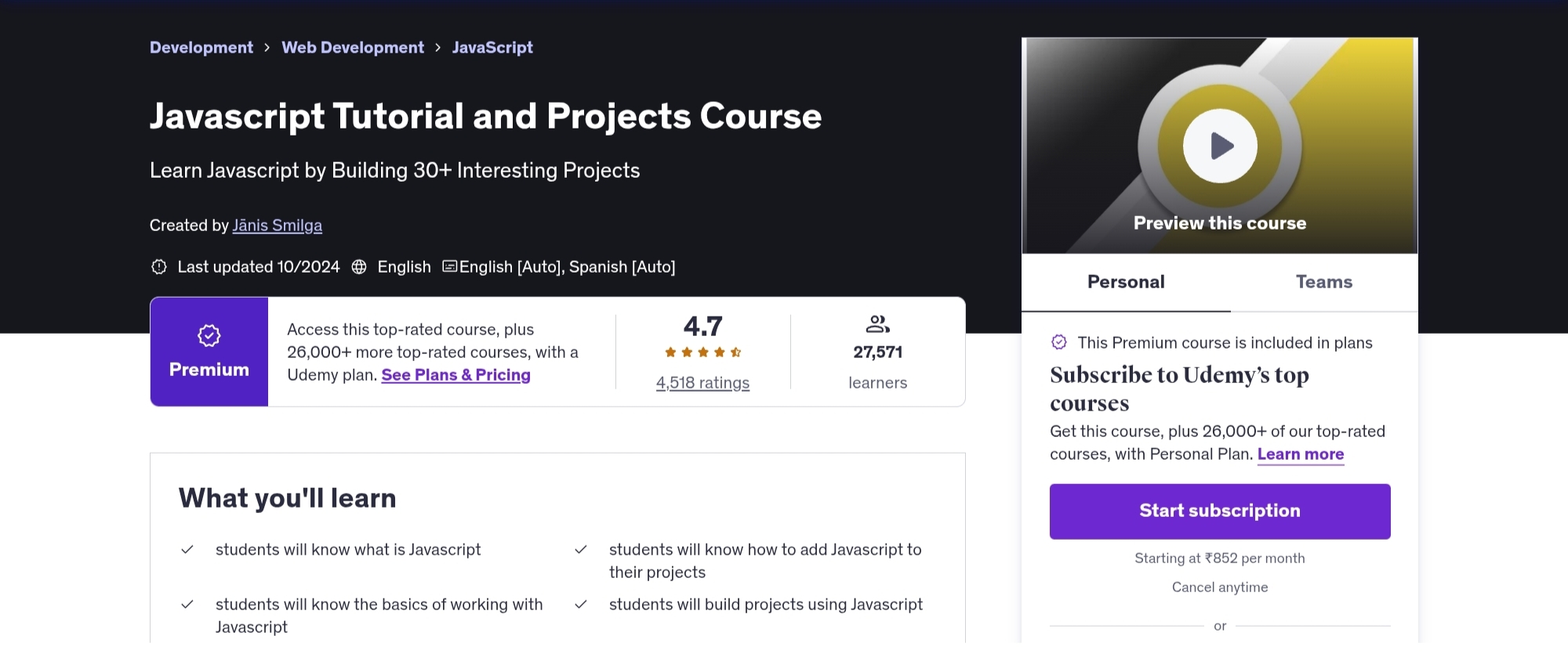 Top 10 JavaScript Courses On Udemy - Technicalstudies